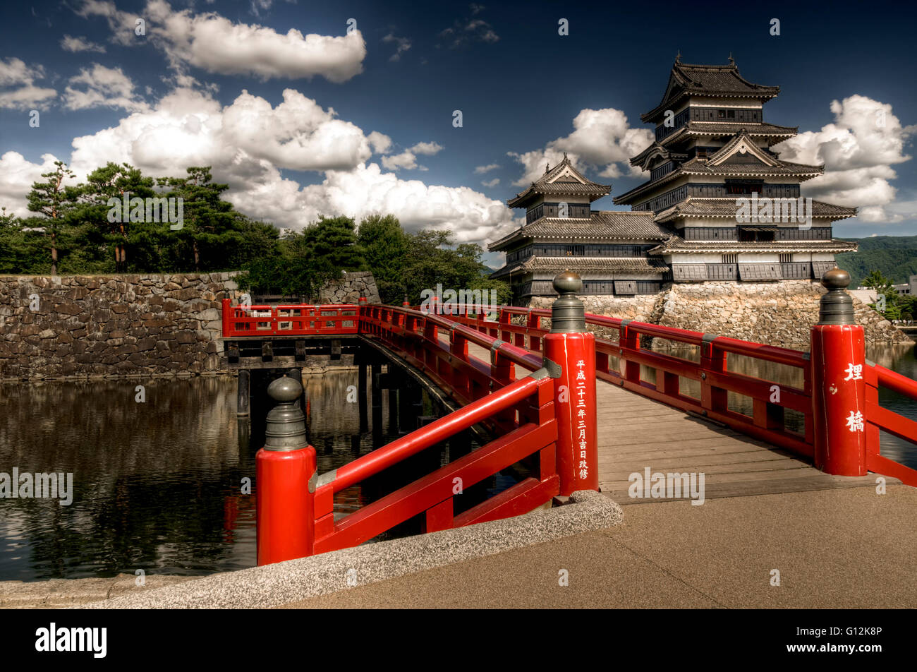 Matsumoto castle with red bridge, Japan Stock Photo - Alamy