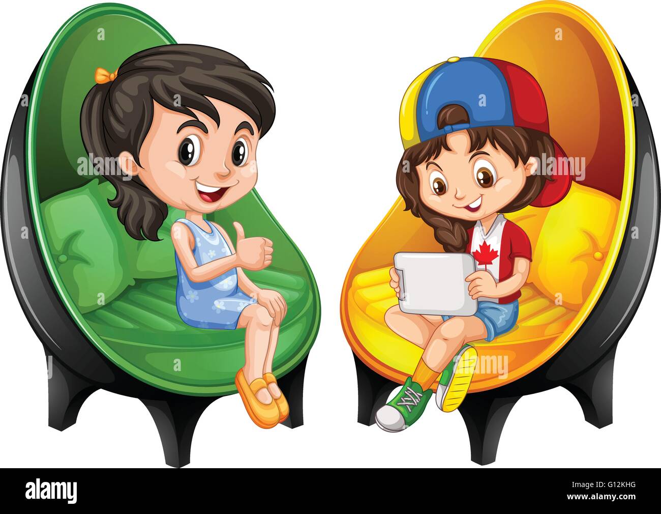 Two girls sitting on chairs hi-res stock photography and images - Alamy