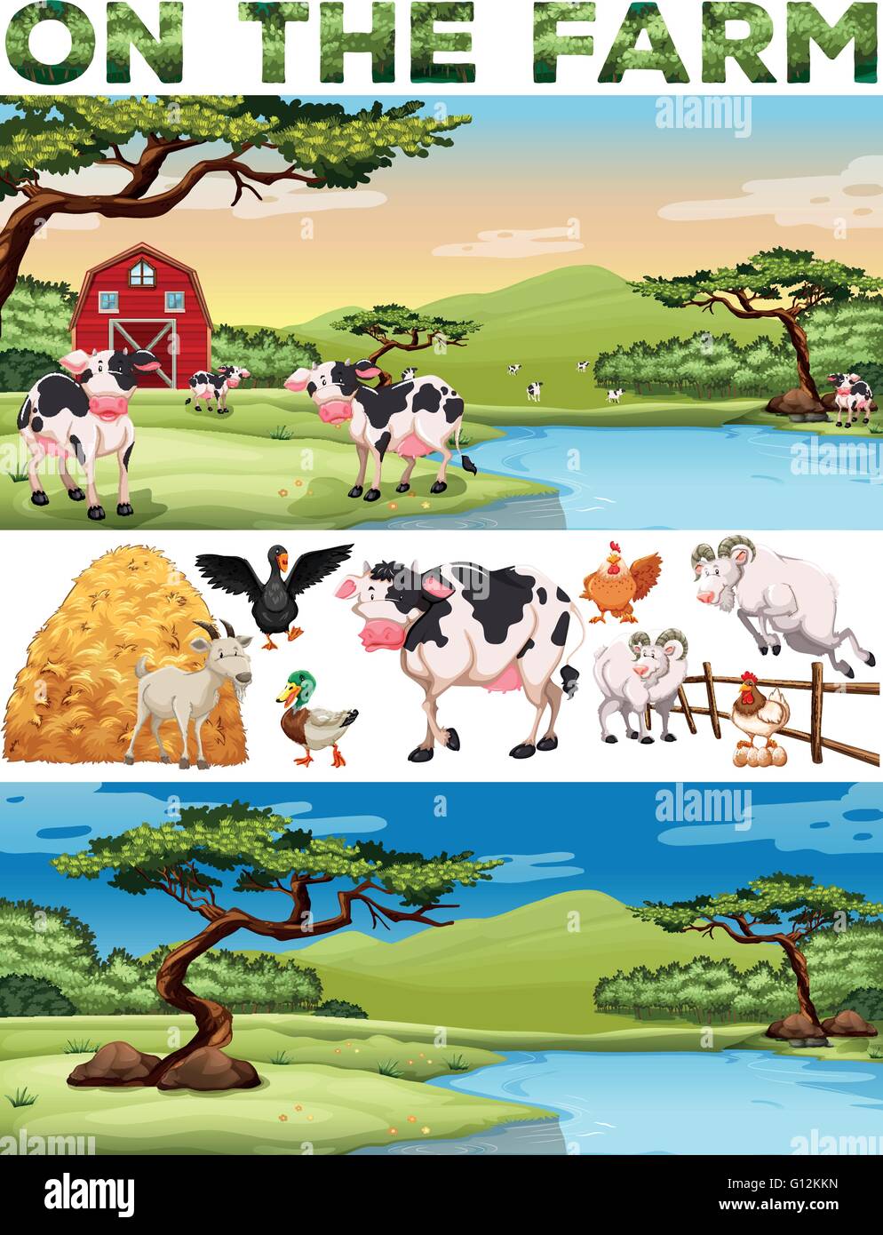Farm theme with farm animals and farmland illustration Stock Vector ...