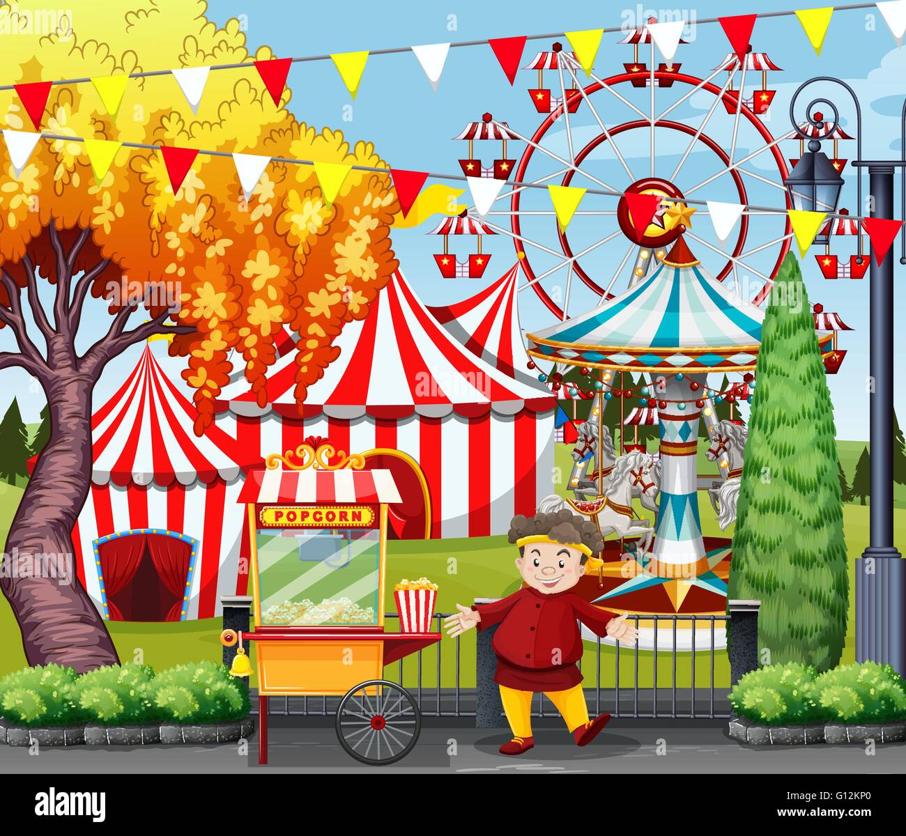 Man selling popcorn at the amusement park illustration Stock Vector ...