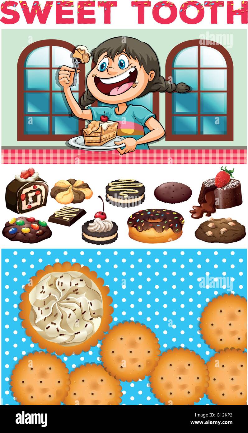 Girl eating dessert on table illustration Stock Vector Image & Art - Alamy