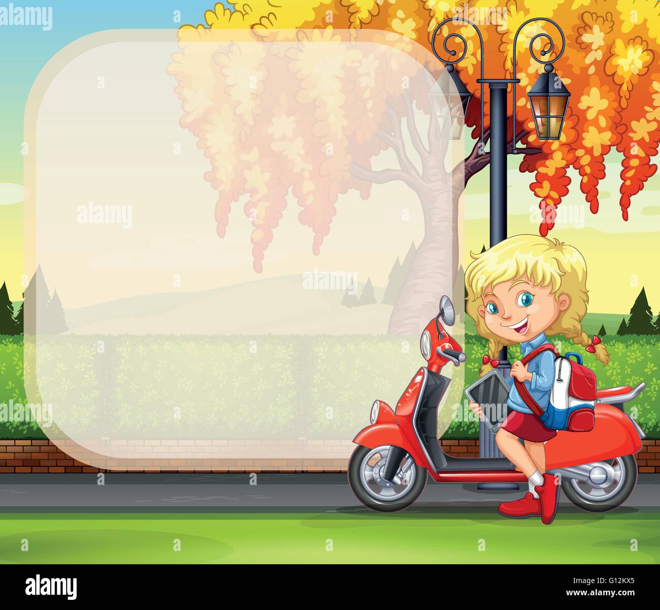 Border design with girl and motorcycle in the park illustration Stock ...