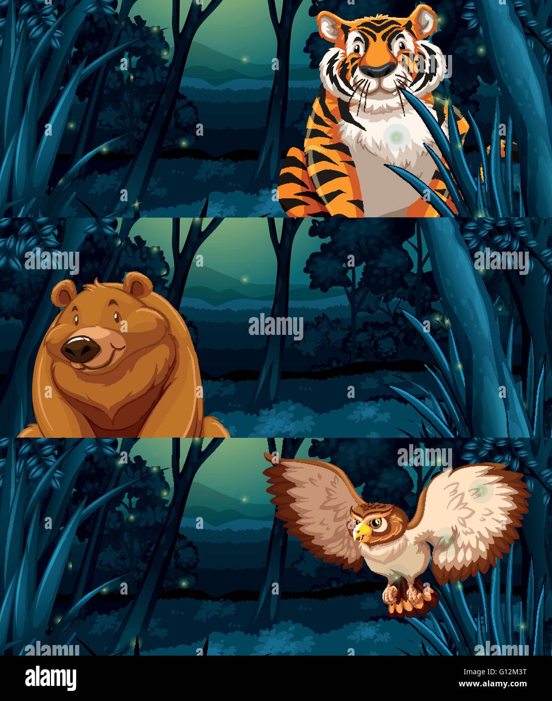 Wild animals in the woods at night illustration Stock Vector Image ...