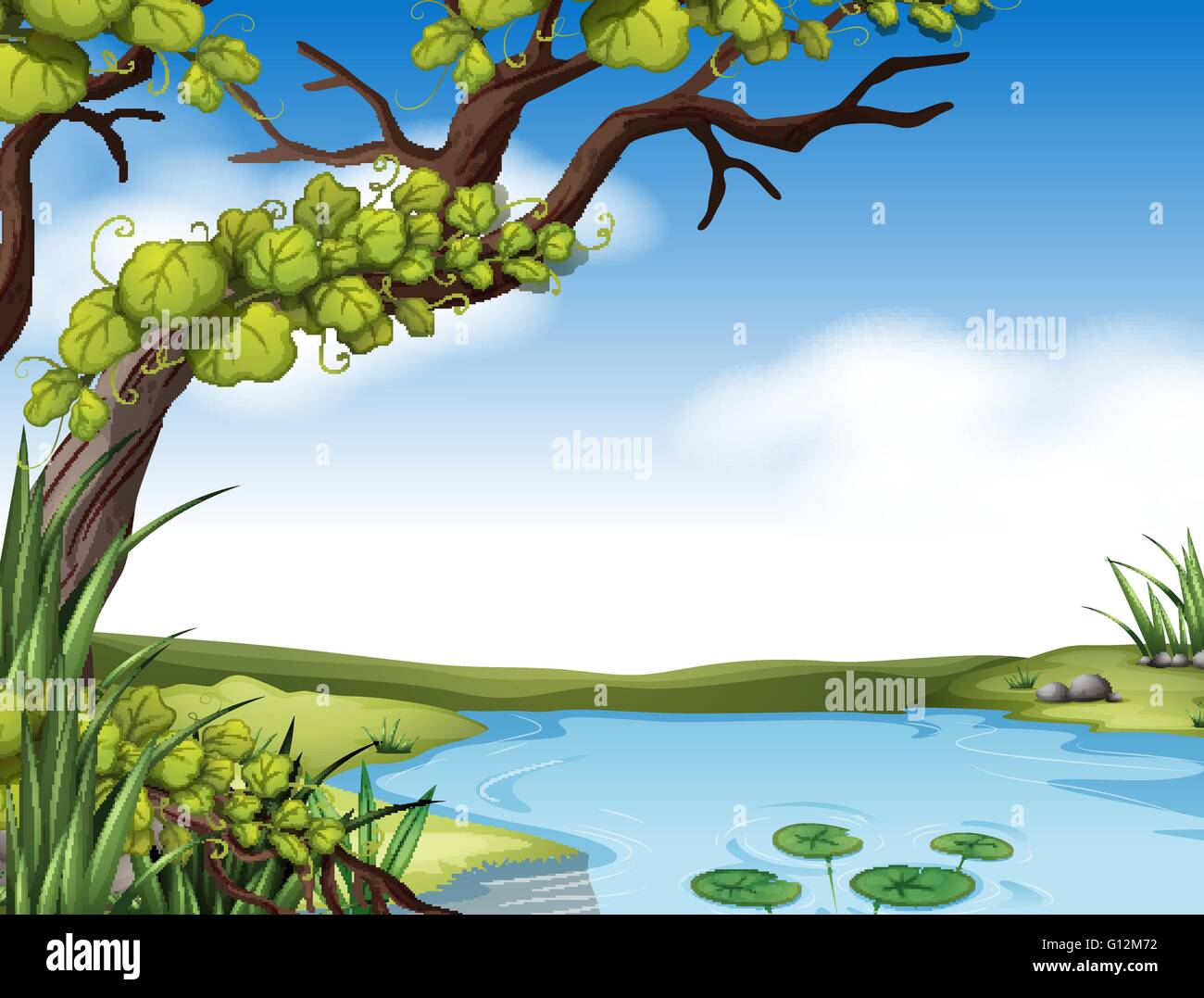 River scene with tree on the river bank illustration Stock Vector Image ...