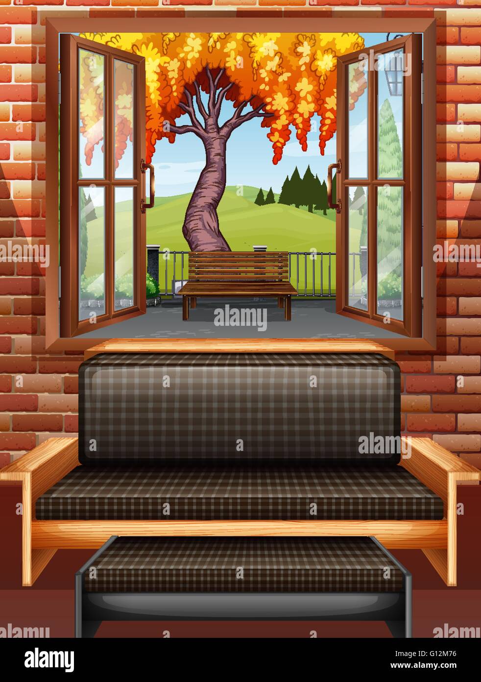 Living room with window open illustration Stock Vector Image & Art - Alamy