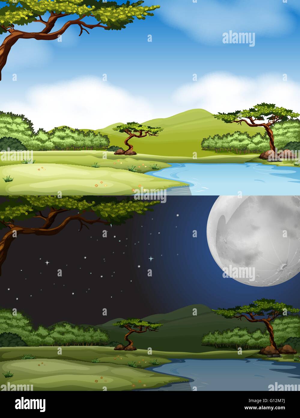 River scene at daytime and nighttime illustration Stock Vector Image ...