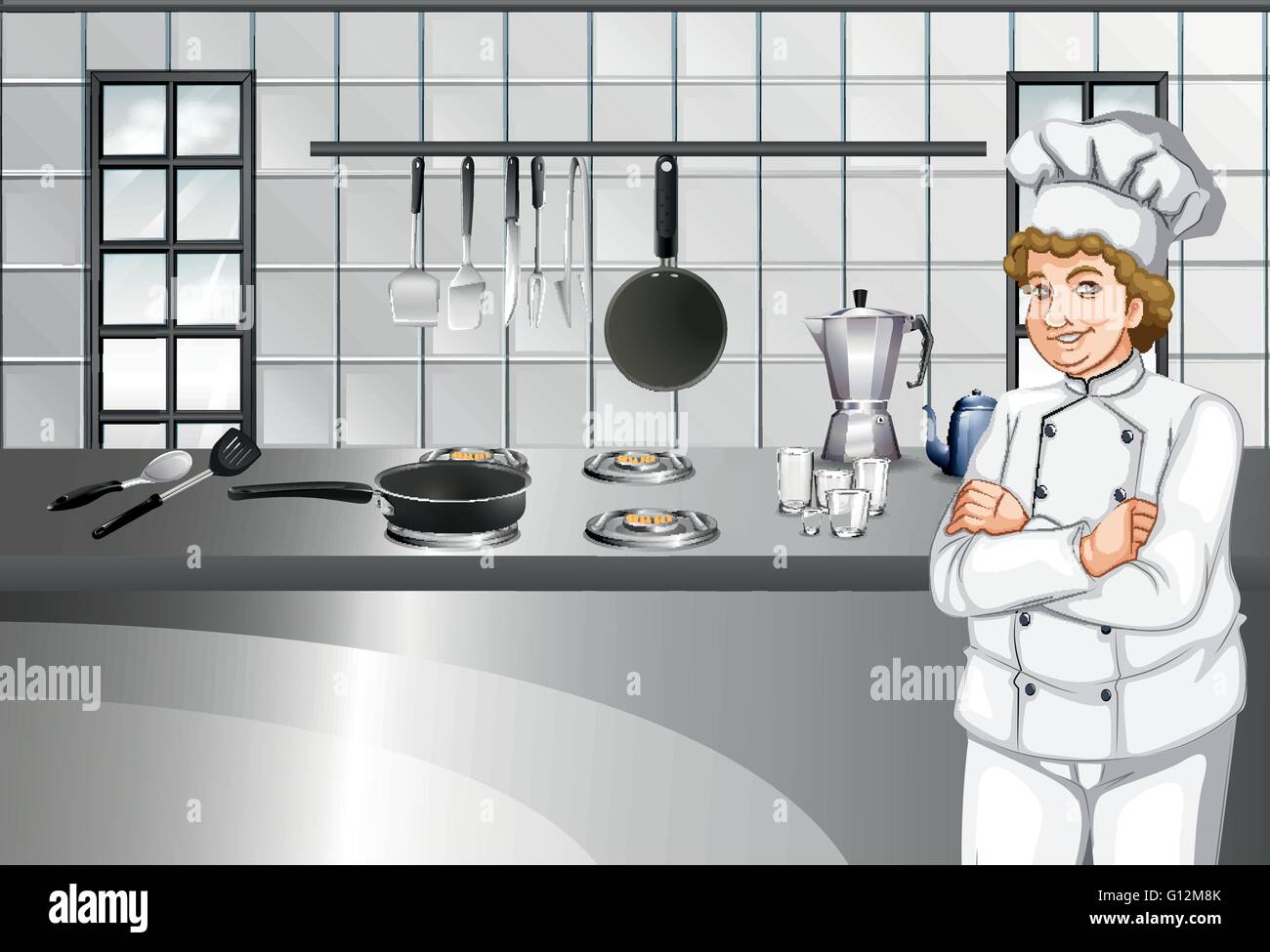 Chef in white uniform working in kitchen illustration Stock Vector ...