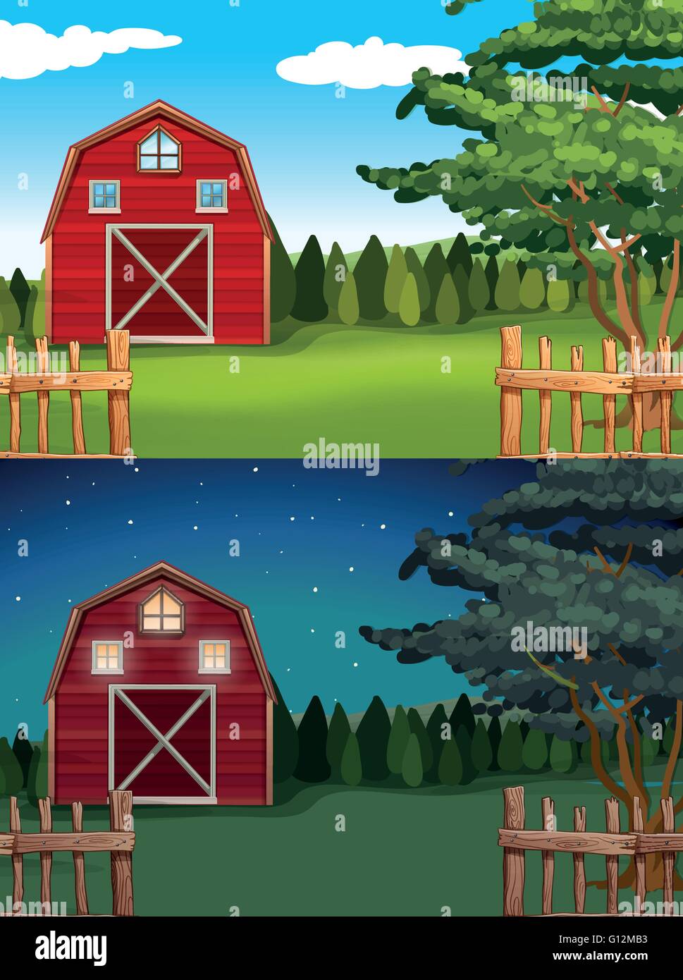 Red barn in the farm at day and night illustration Stock Vector Image ...