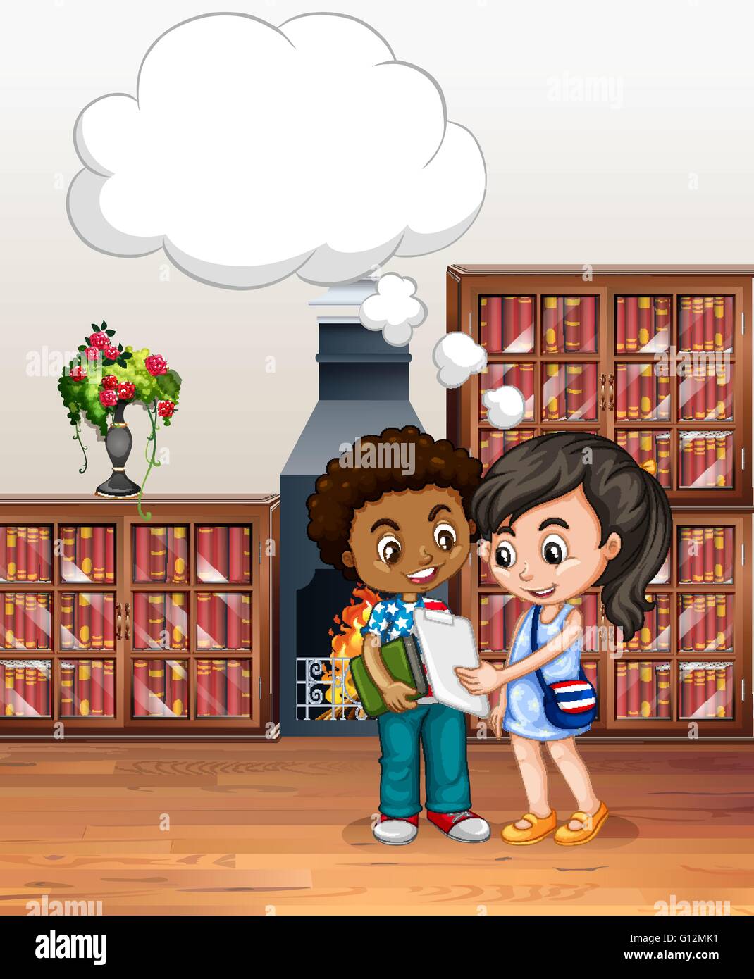 Boy and girl in the library illustration Stock Vector Image & Art - Alamy