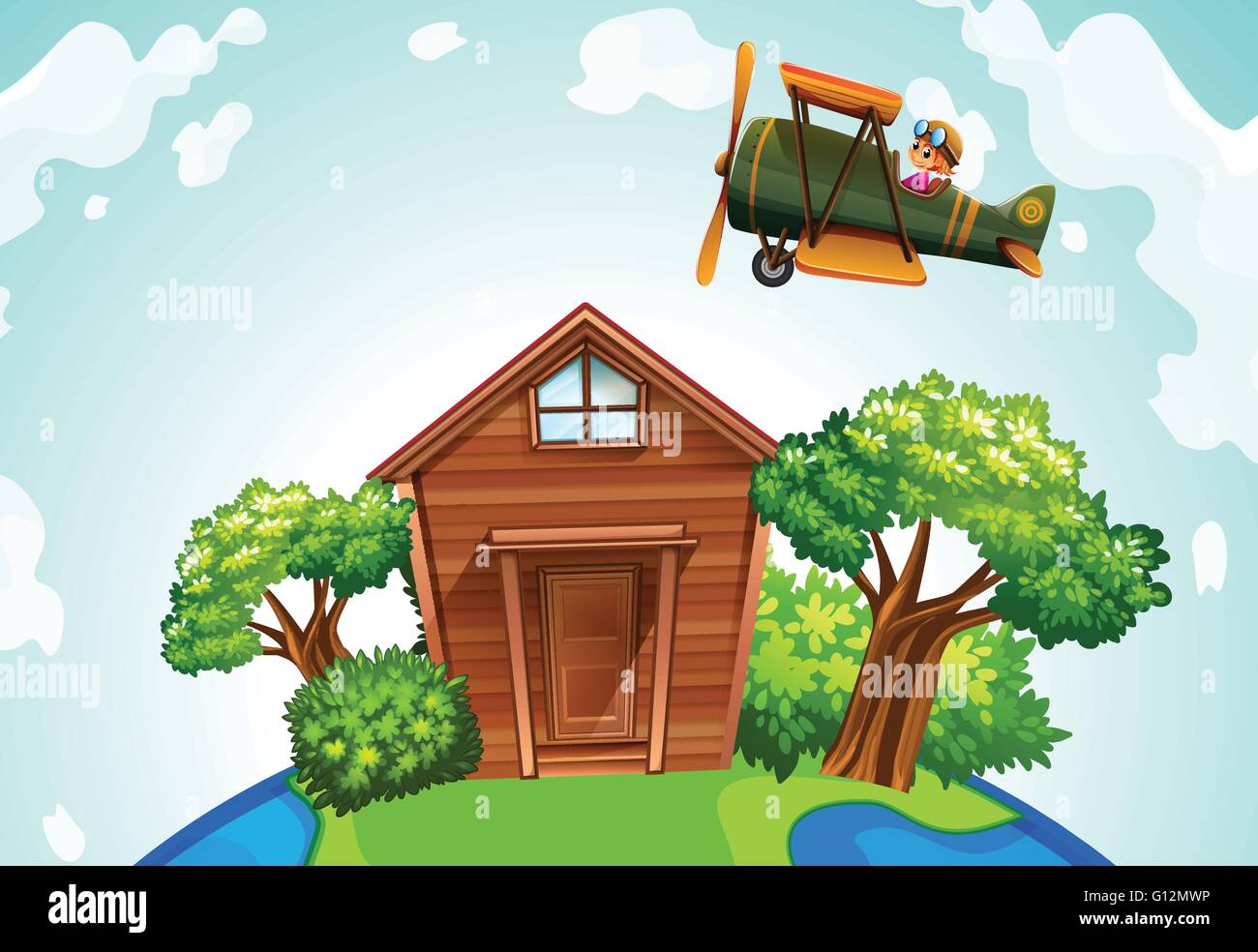Airplane flying over a wooden house illustration Stock Vector Image ...