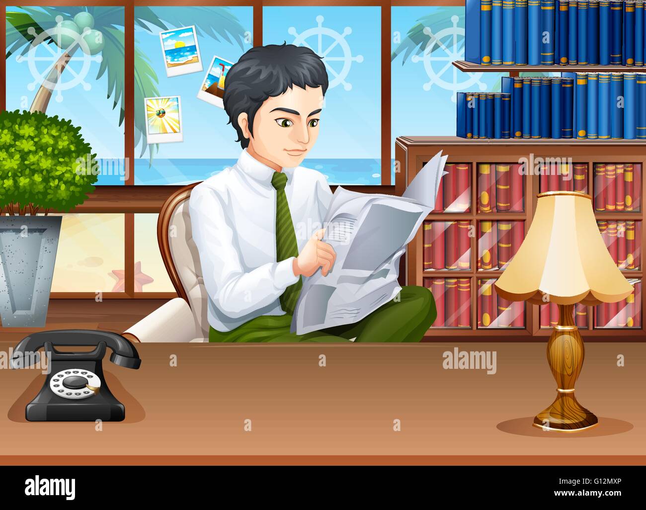 Businessman reading newspapers in the office illustration Stock Vector ...