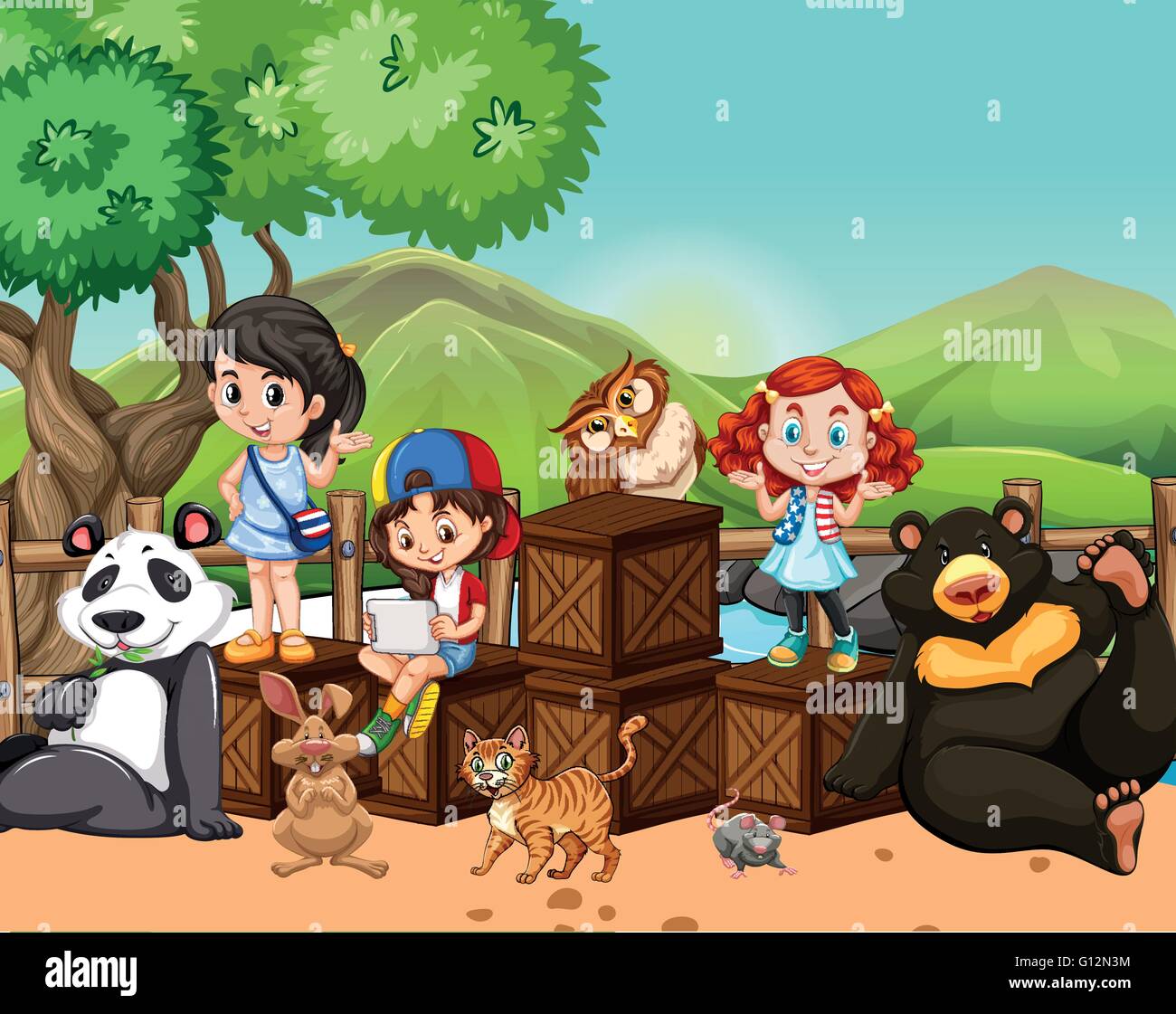 Children and wild animals outside illustration Stock Vector Image & Art ...