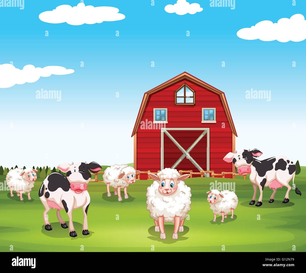 Sheeps and cows on the farm illustration Stock Vector Image & Art - Alamy