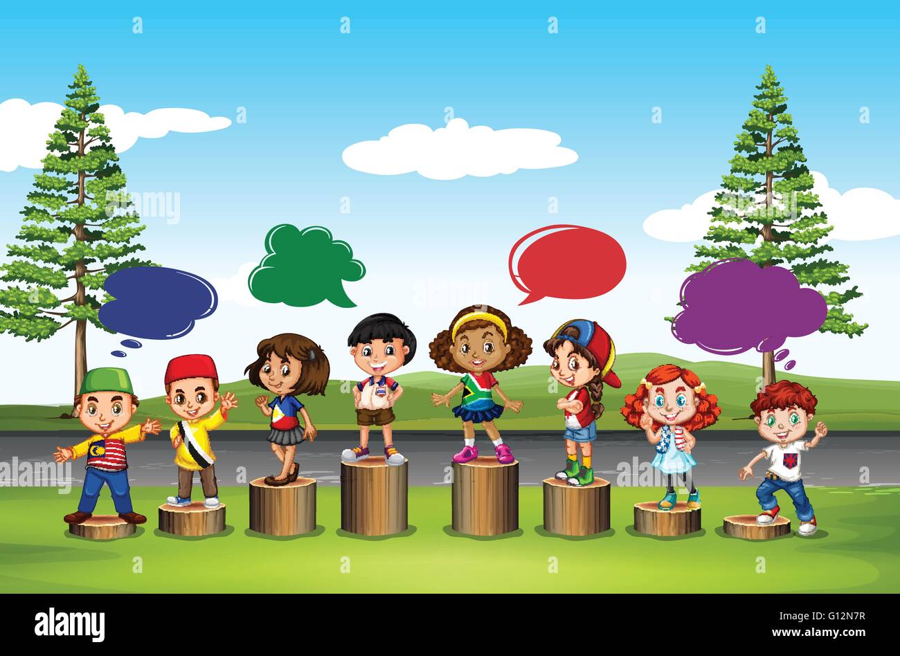Many children standing on logs illustration Stock Vector Image & Art ...