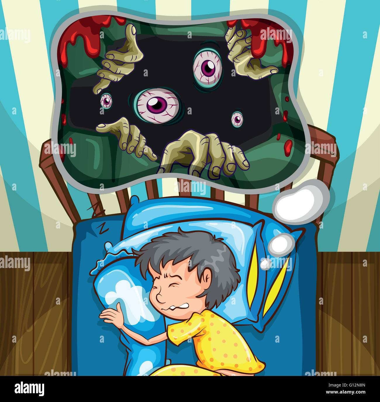 Boy in bed having nightmare illustration Stock Vector Image & Art - Alamy
