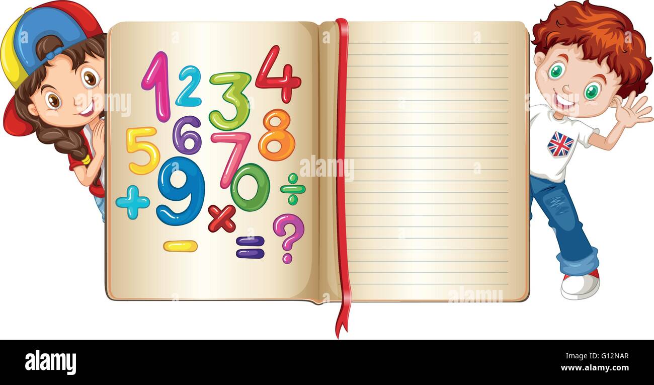 Boy and girl behind math book illustration Stock Vector Image & Art - Alamy