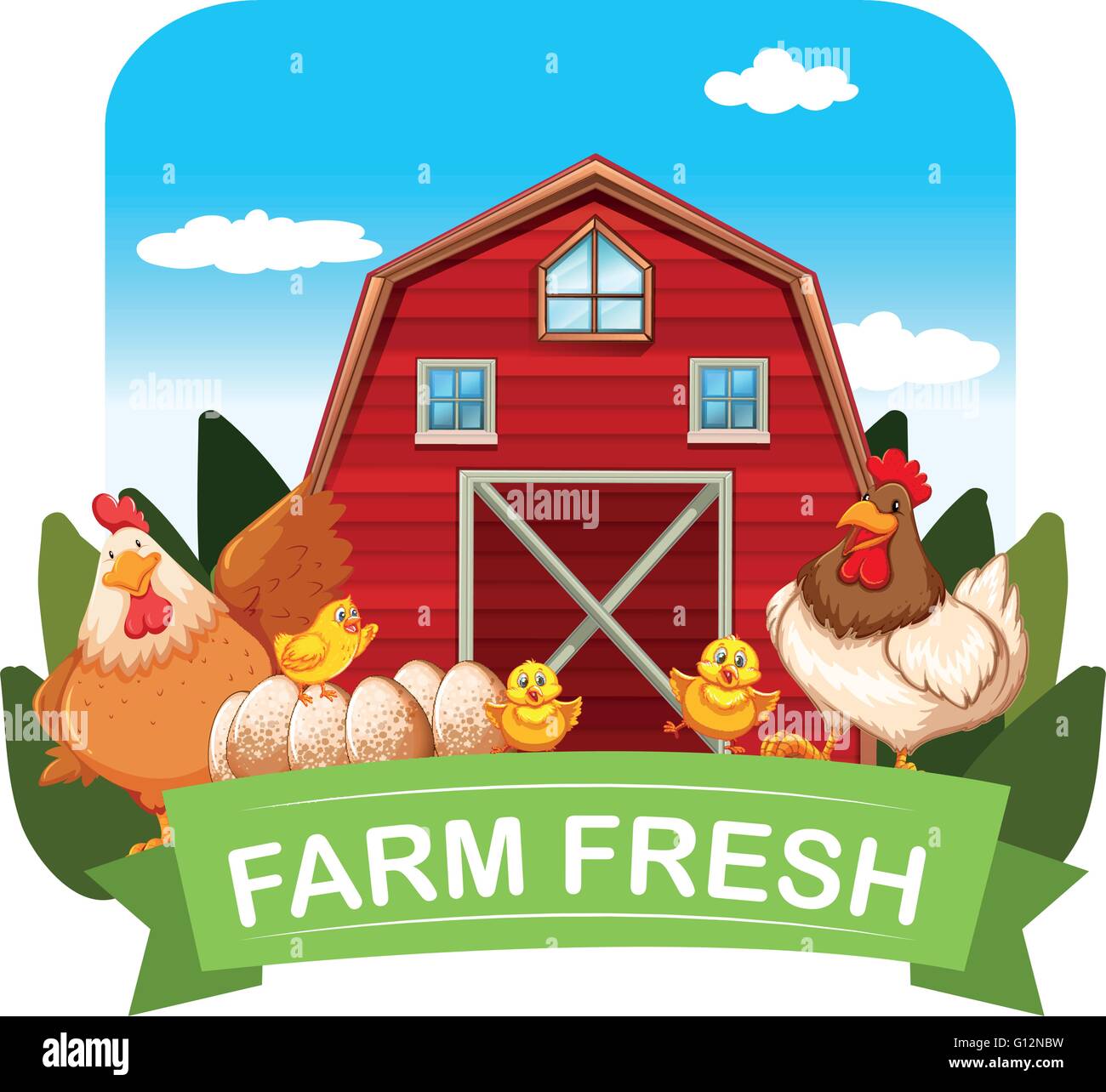 Farm fresh theme with chickens and barn illustration Stock Vector Image ...