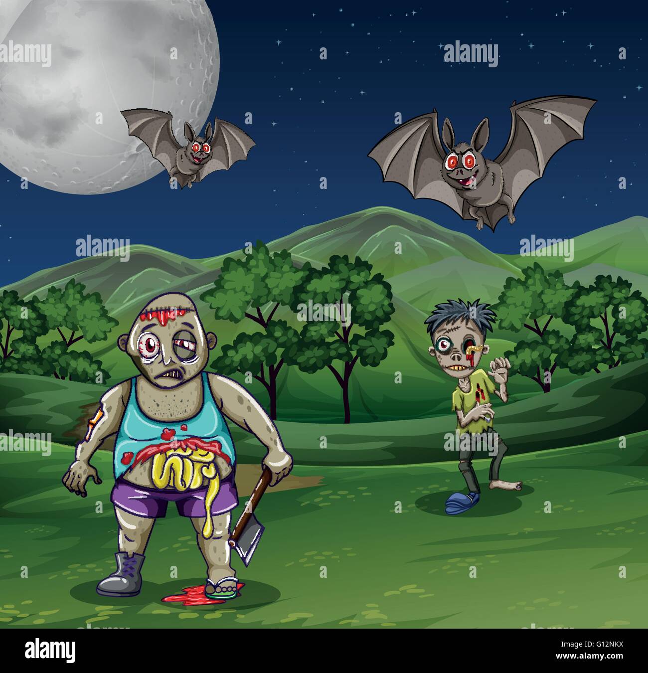 Zombies walking in the field at night illustration Stock Vector Image ...