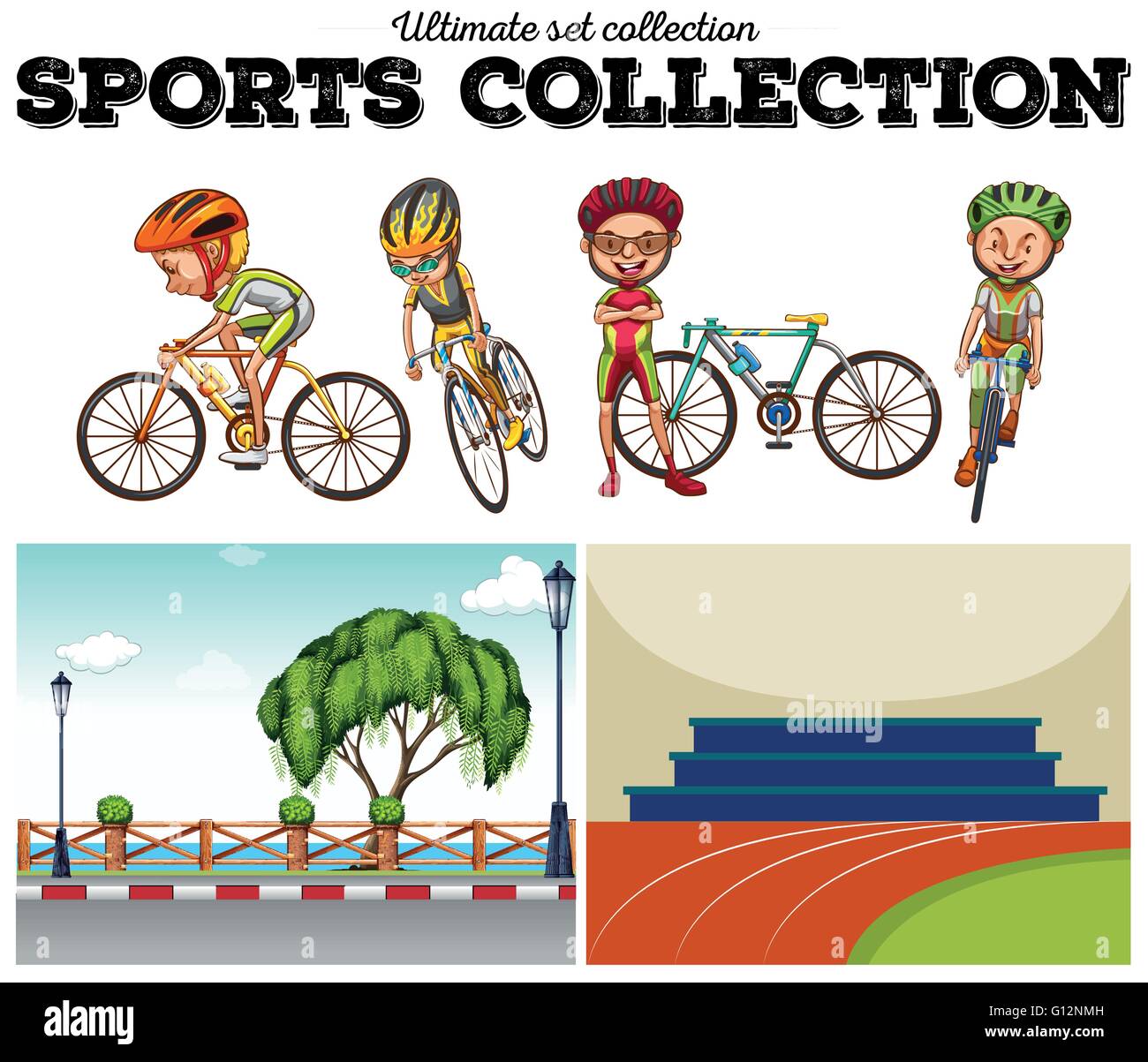Bikers with bicycle and racing scenes illustration Stock Vector Image ...
