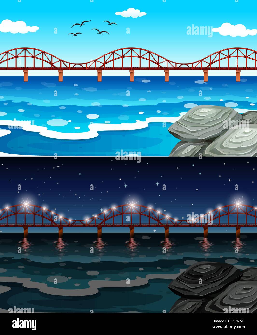 Ocean scene with bridge and rock illustration Stock Vector Image & Art ...