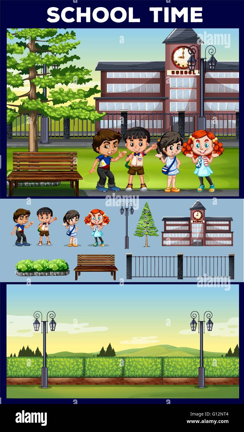 School theme with students and campus illustration Stock Vector Image ...