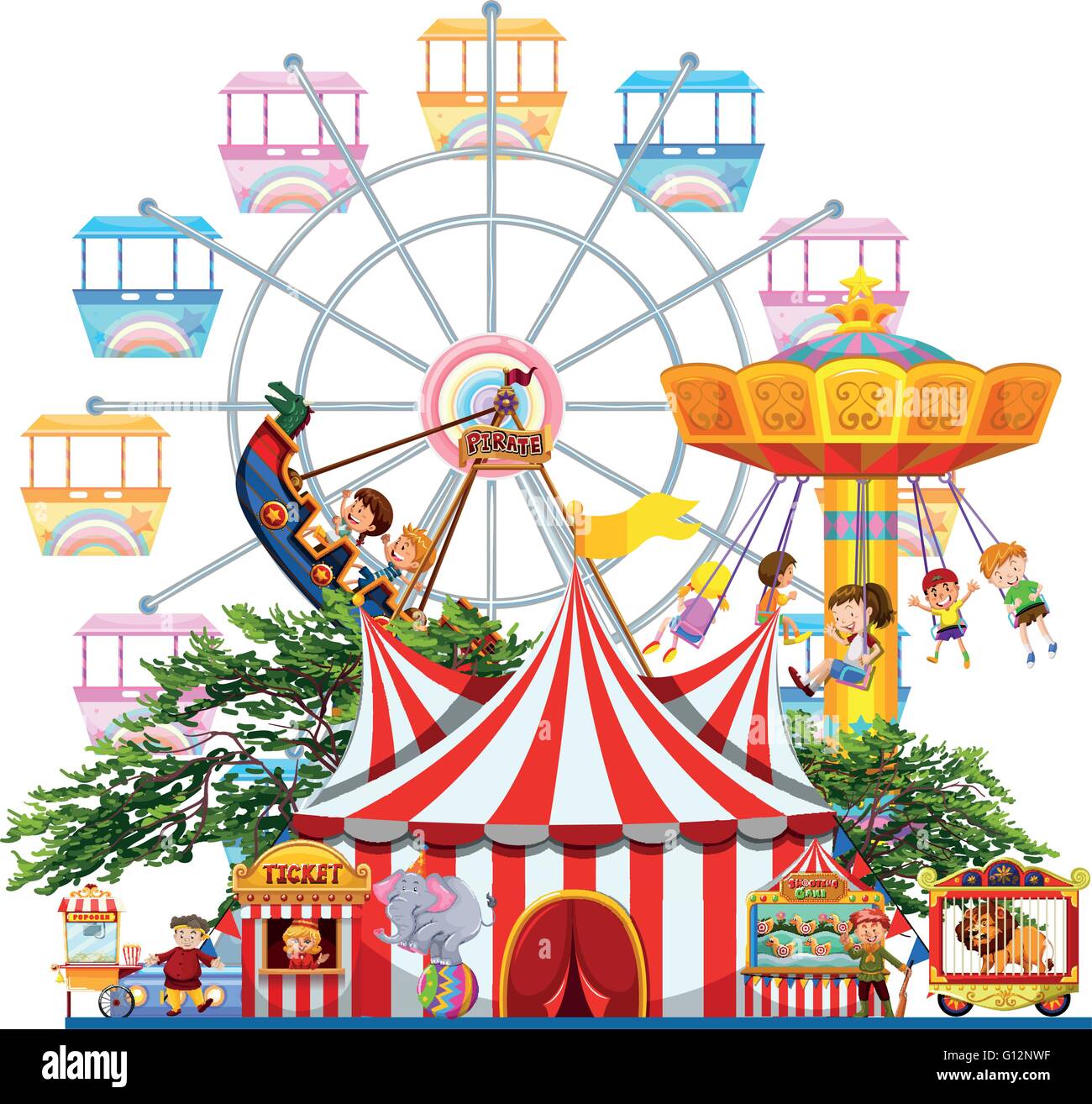 Amusement park scene with many rides illustration Stock Vector Image ...