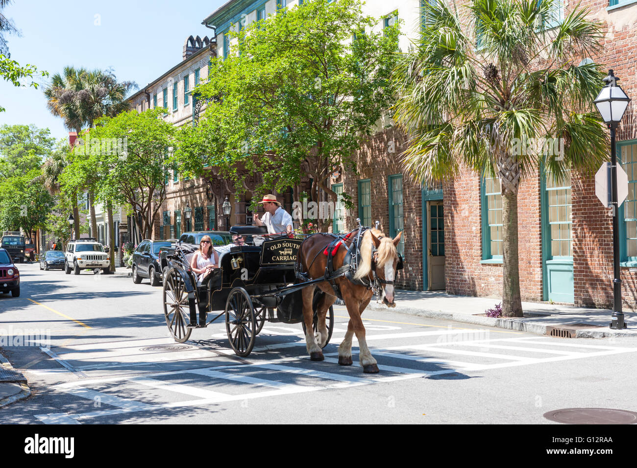 A couple takes a horse-drawn carriage tour in historic Charleston ...