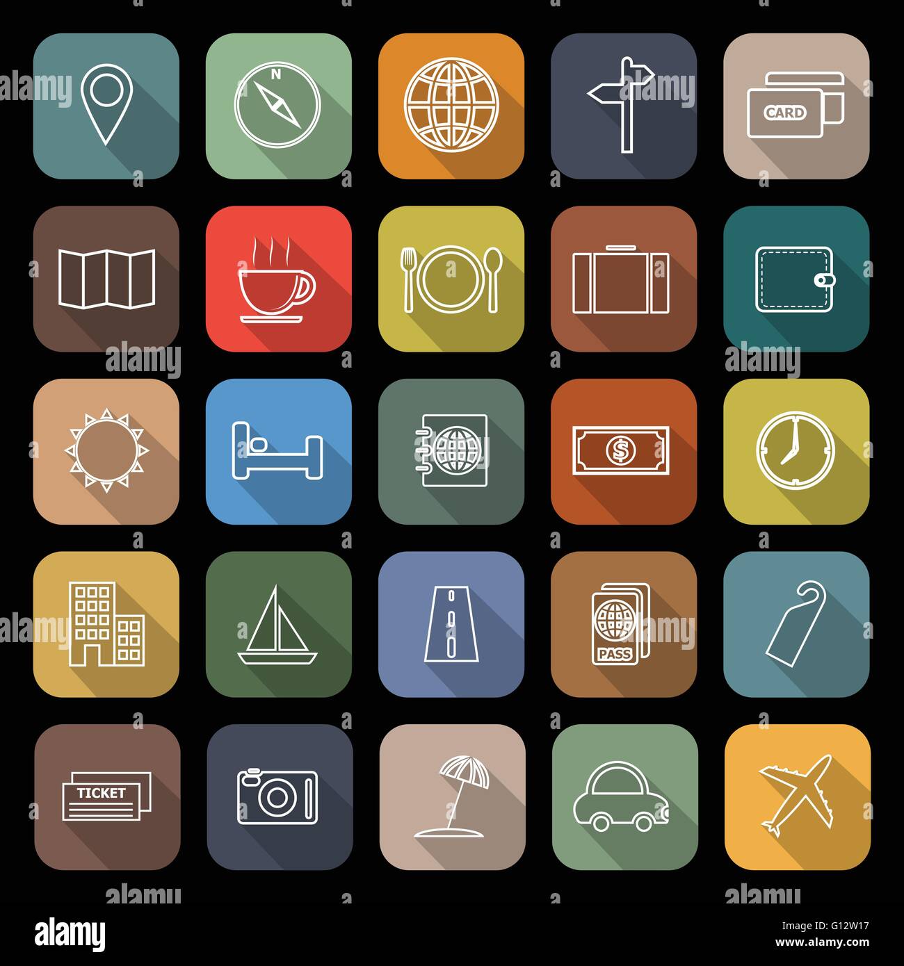 Travel line flat icons with long shadow, stock vector Stock Vector ...