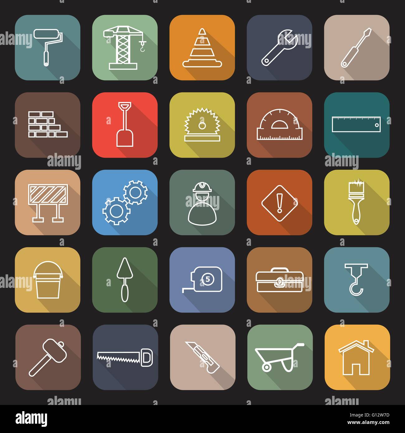 Construction line flat icons with long shadow, stock vector Stock ...