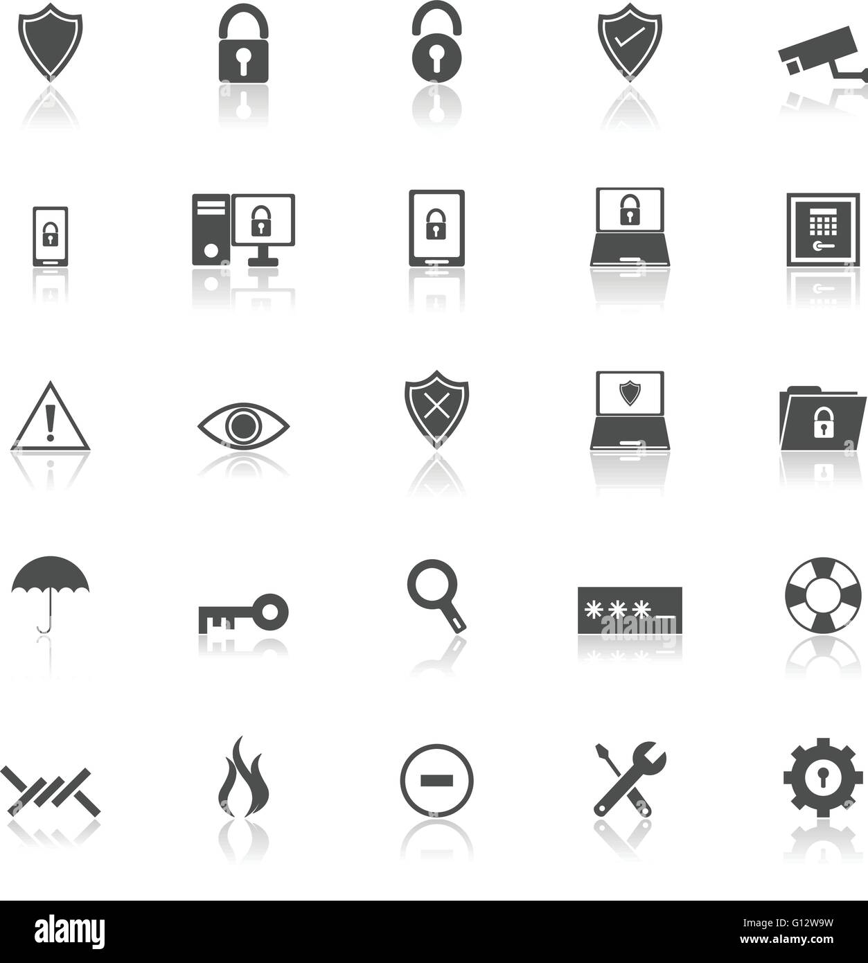 Security icons with reflect on white background, stock vector Stock ...