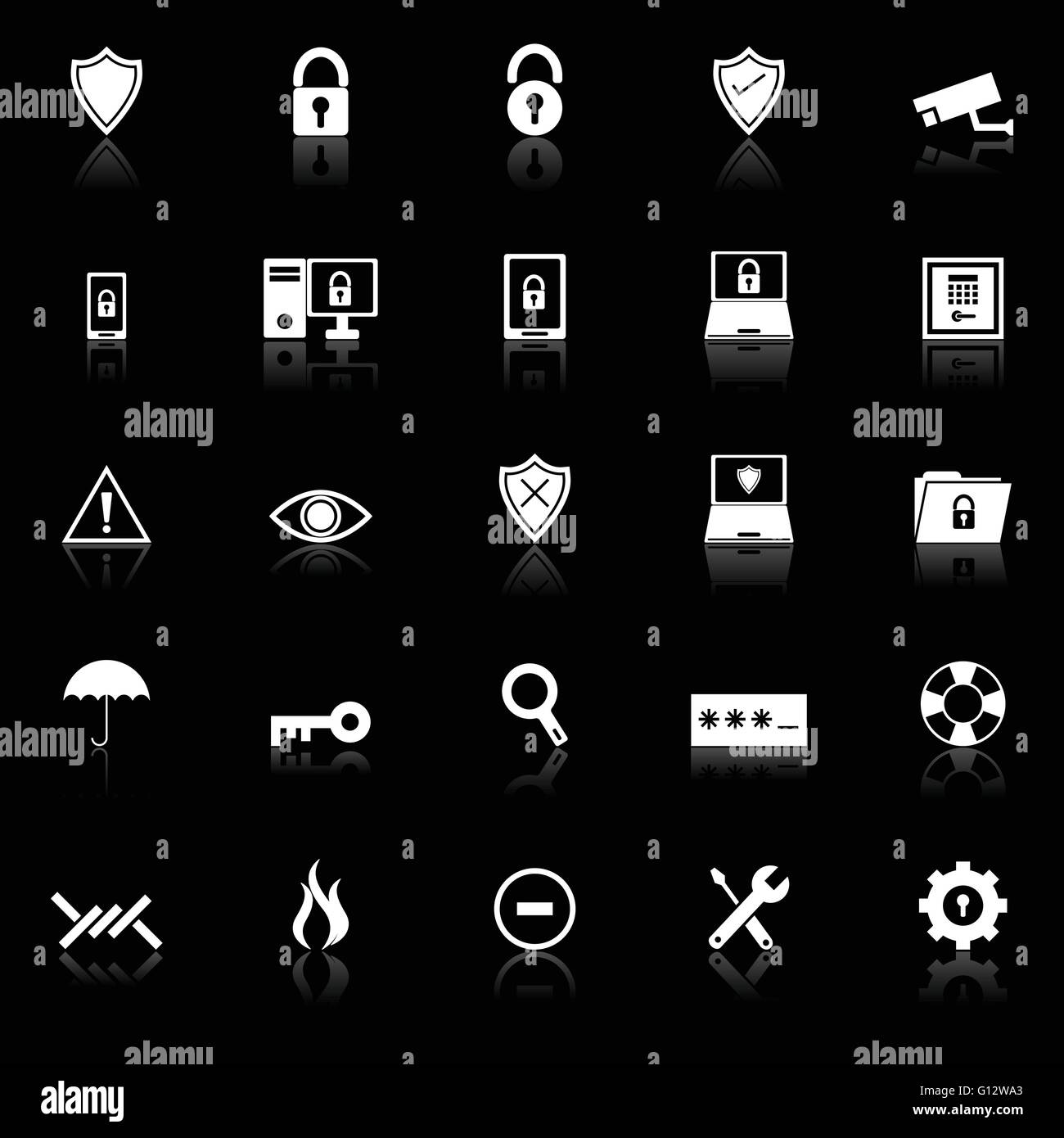 Security icons with reflect on black background, stock vector Stock ...
