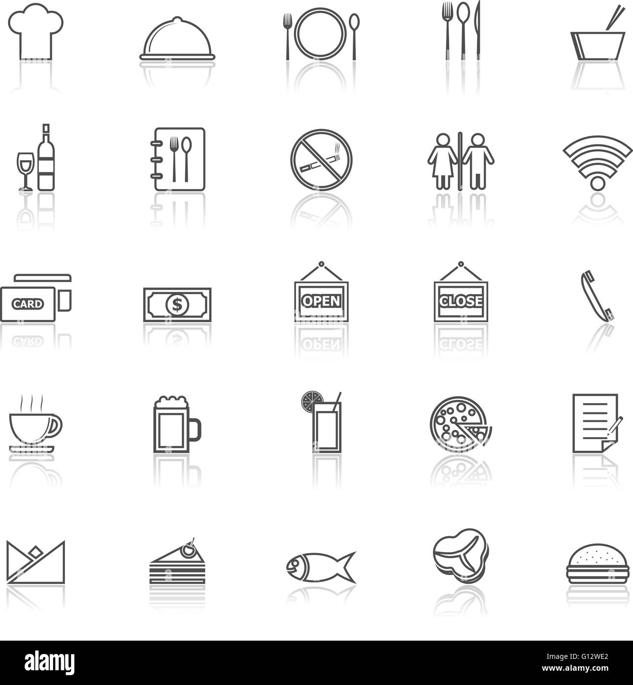 Restaurant line icons with reflect on white background, stock vector ...