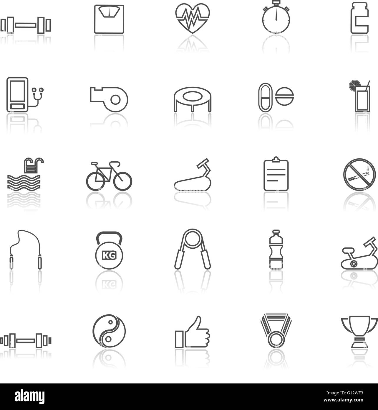Fitness line icons with reflect on white background, stock vector Stock ...