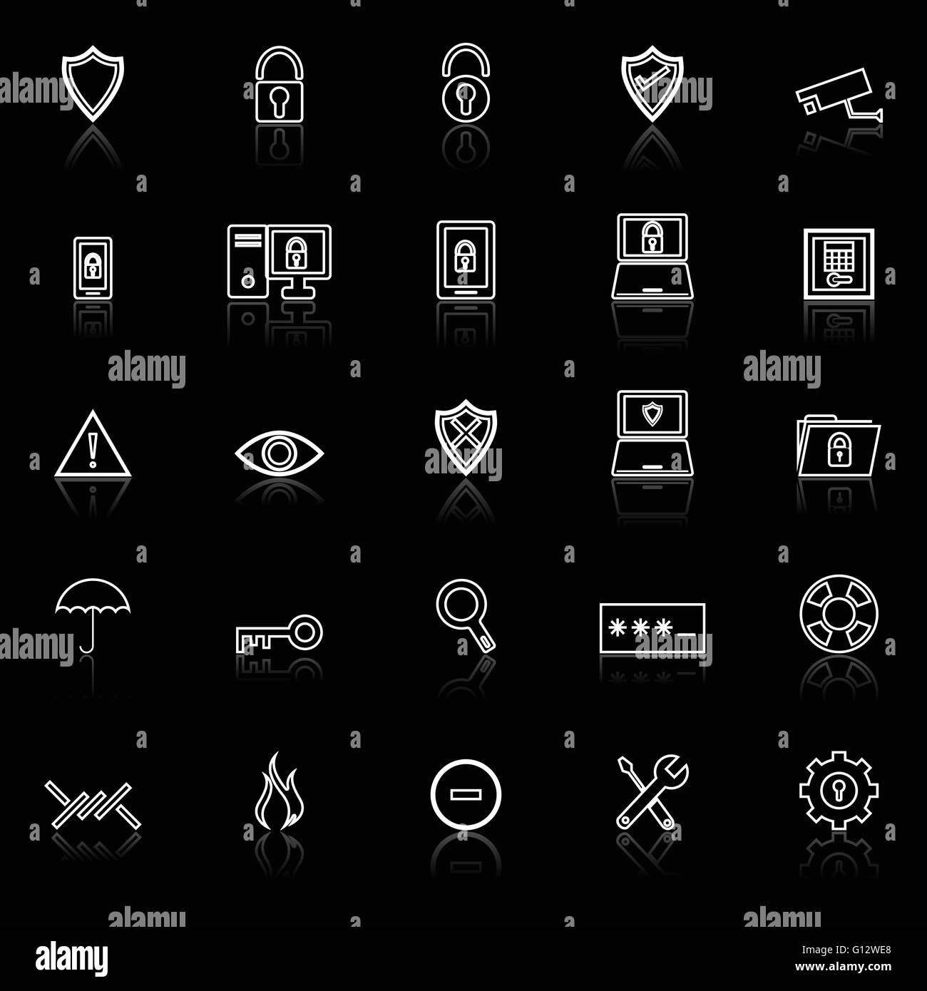 Security line icons with reflect on black background, stock vector ...