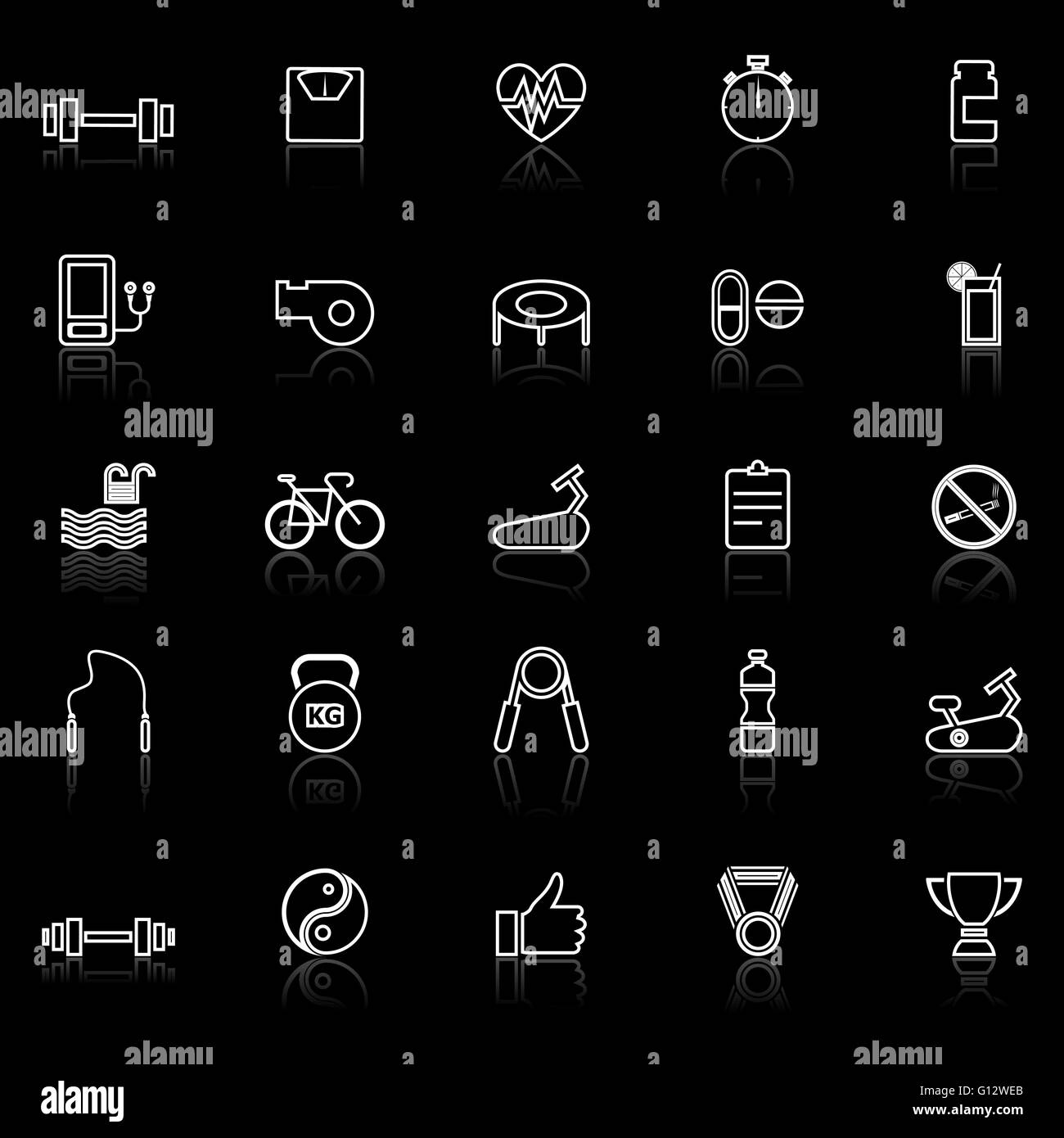 Fitness line icons with reflect on black background, stock vector Stock ...