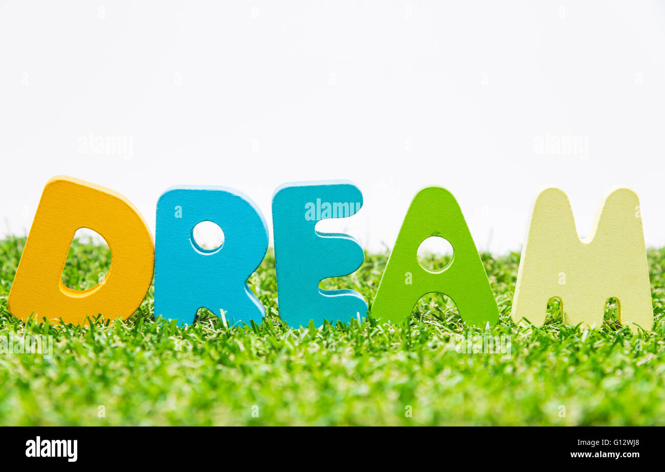 Colorful wooden word DREAM on green grass with white background and ...