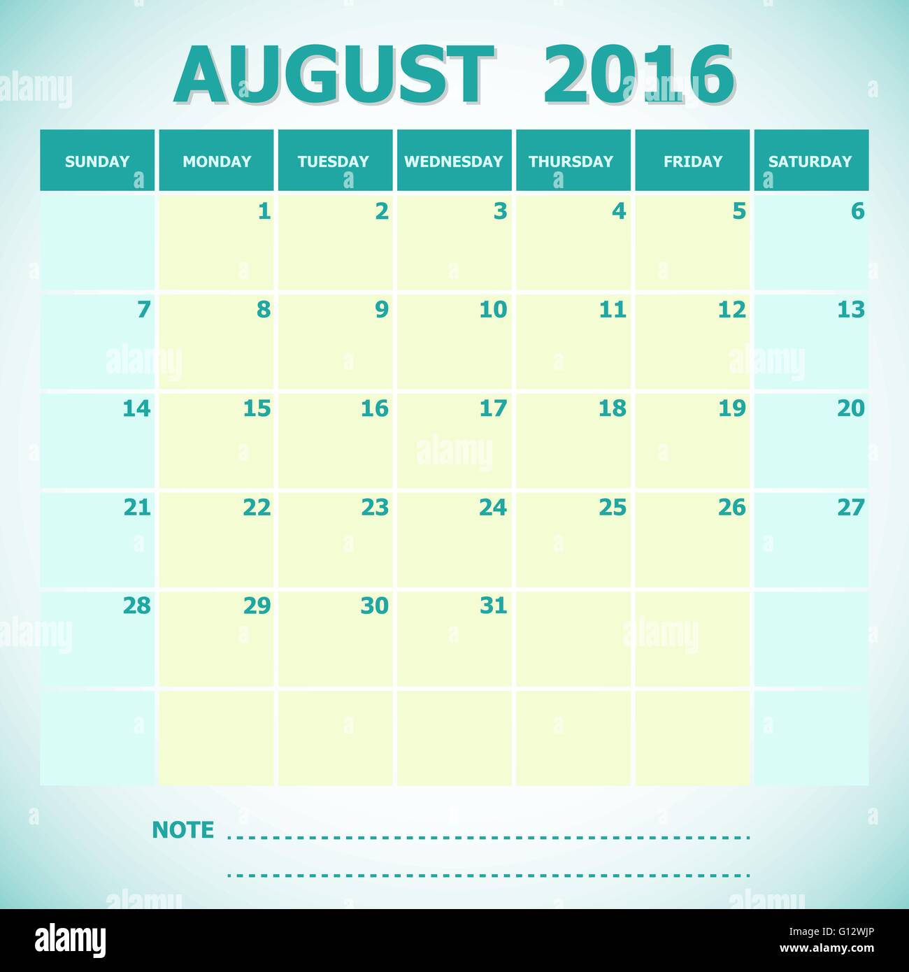 Calendar August 2016 week starts Sunday, stock vector Stock Vector ...