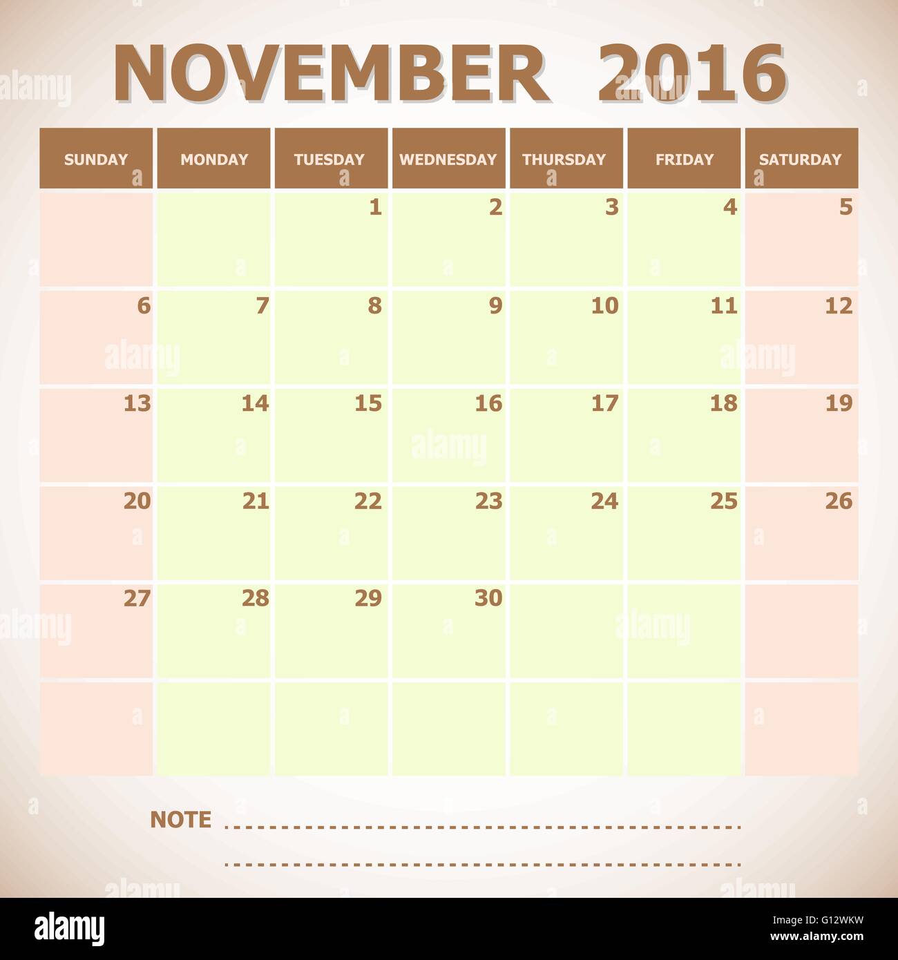 Calendar November 2016 week starts Sunday, stock vector Stock Vector ...