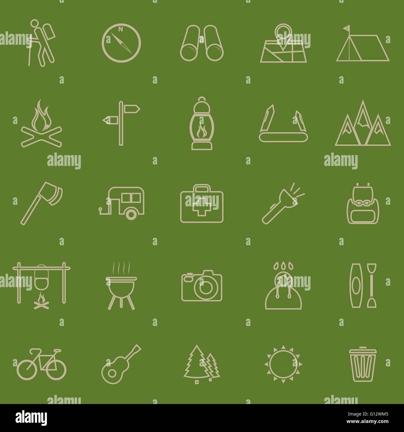 Trekking line color icons on green background, stock vector Stock ...