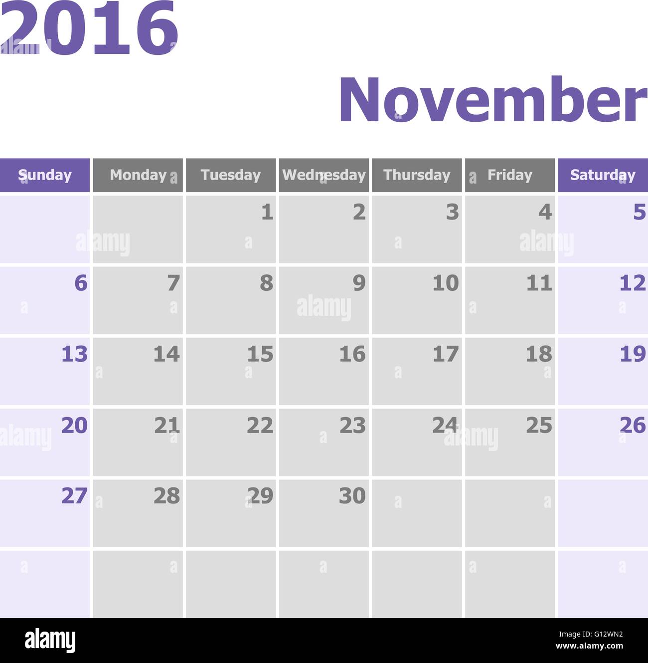 Calendar November 2016 week starts from Sunday, stock vector Stock ...