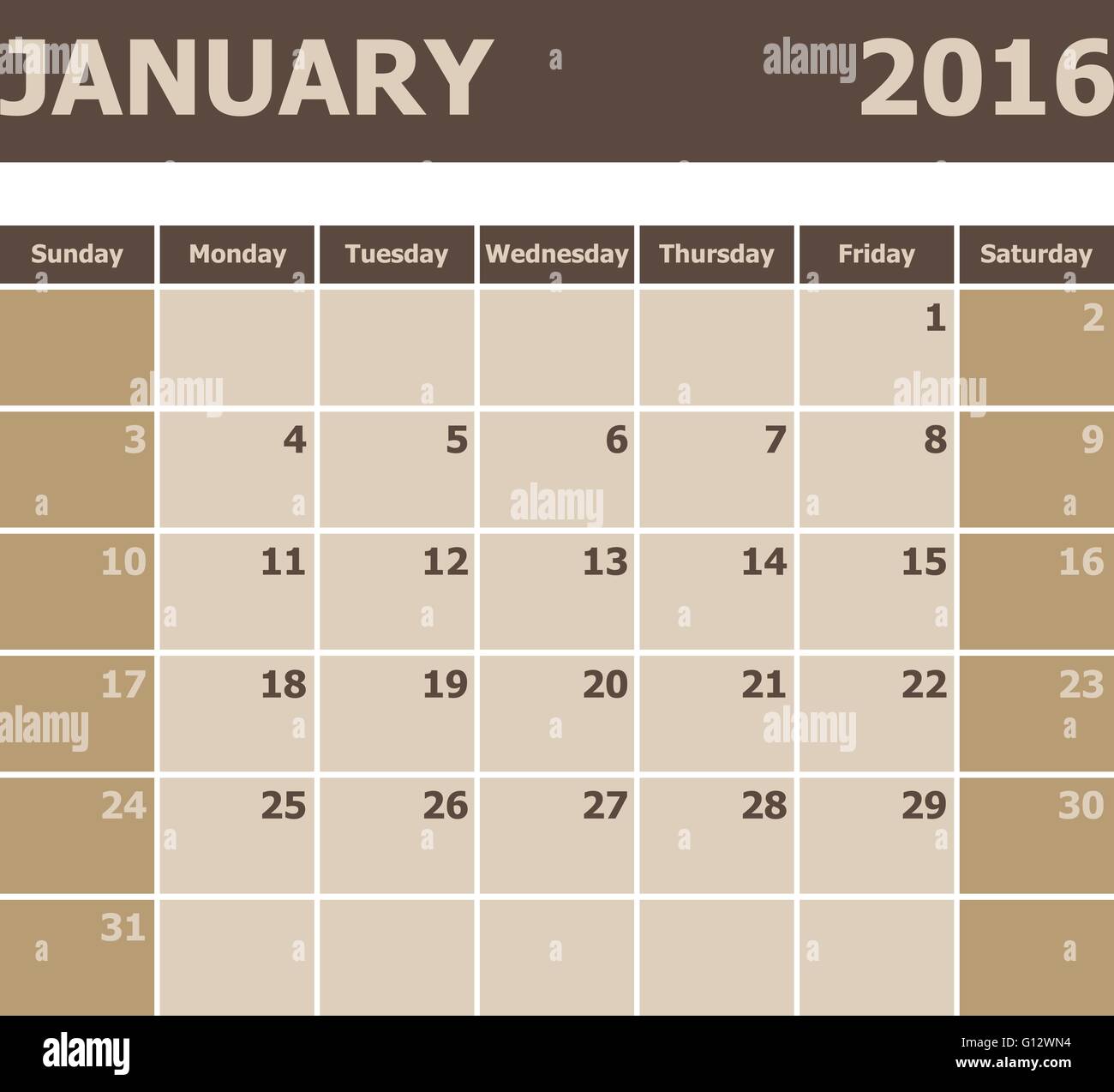 Calendar January 2016, week starts from Sunday, stock vector Stock ...