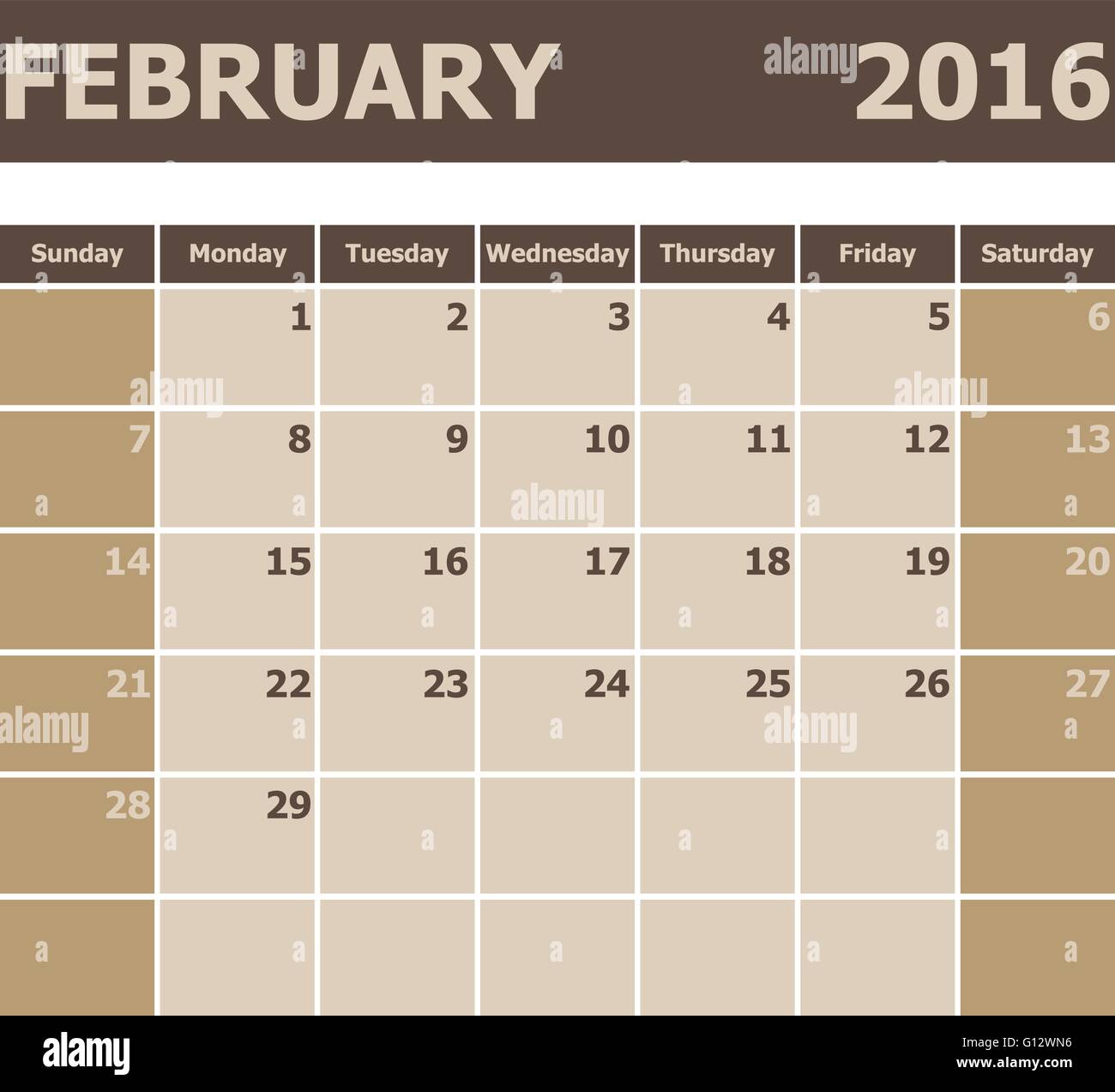 Calendar February 2016, week starts from Sunday, stock vector Stock ...