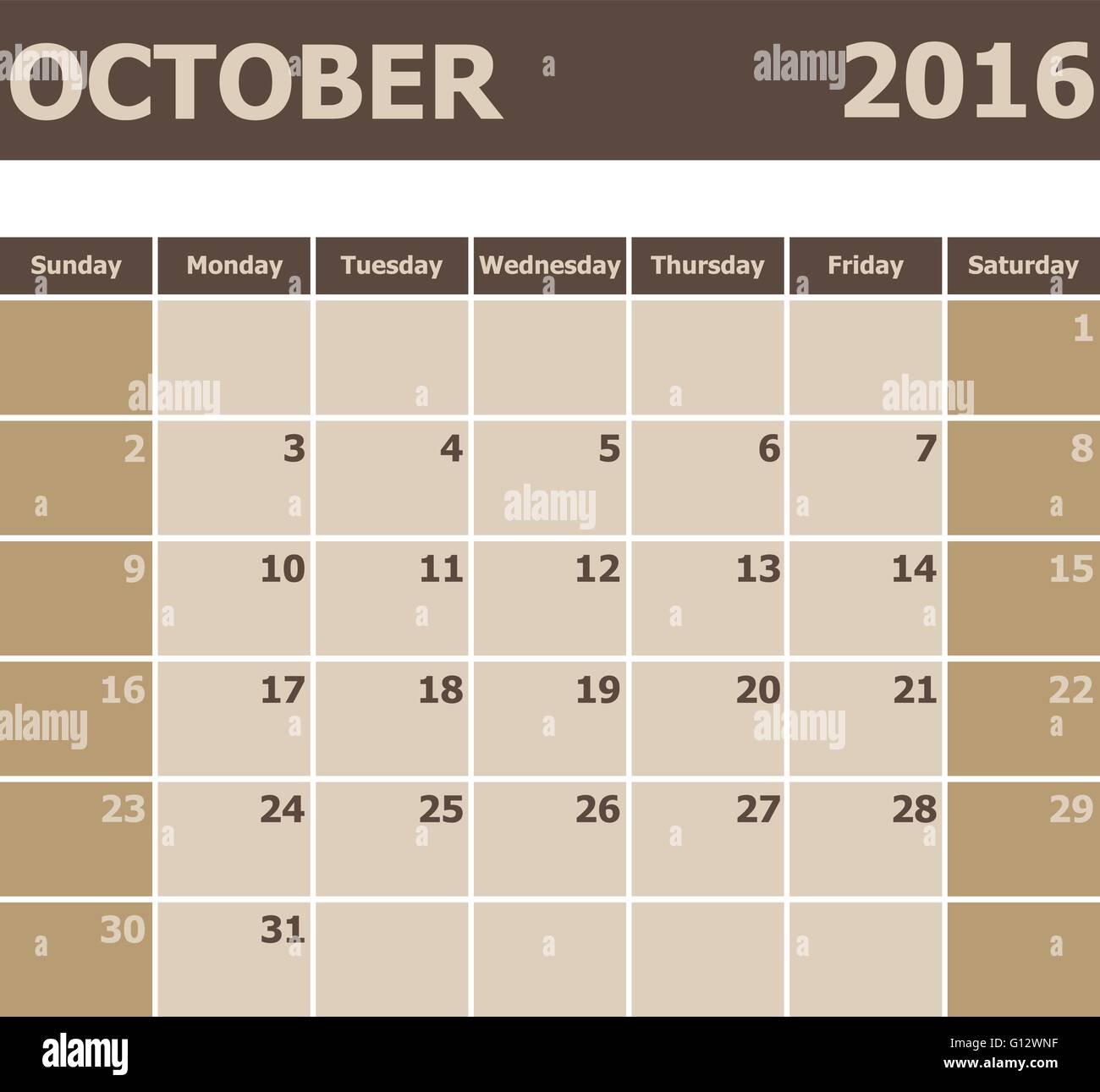 Calendar October 2016, week starts from Sunday, stock vector Stock ...