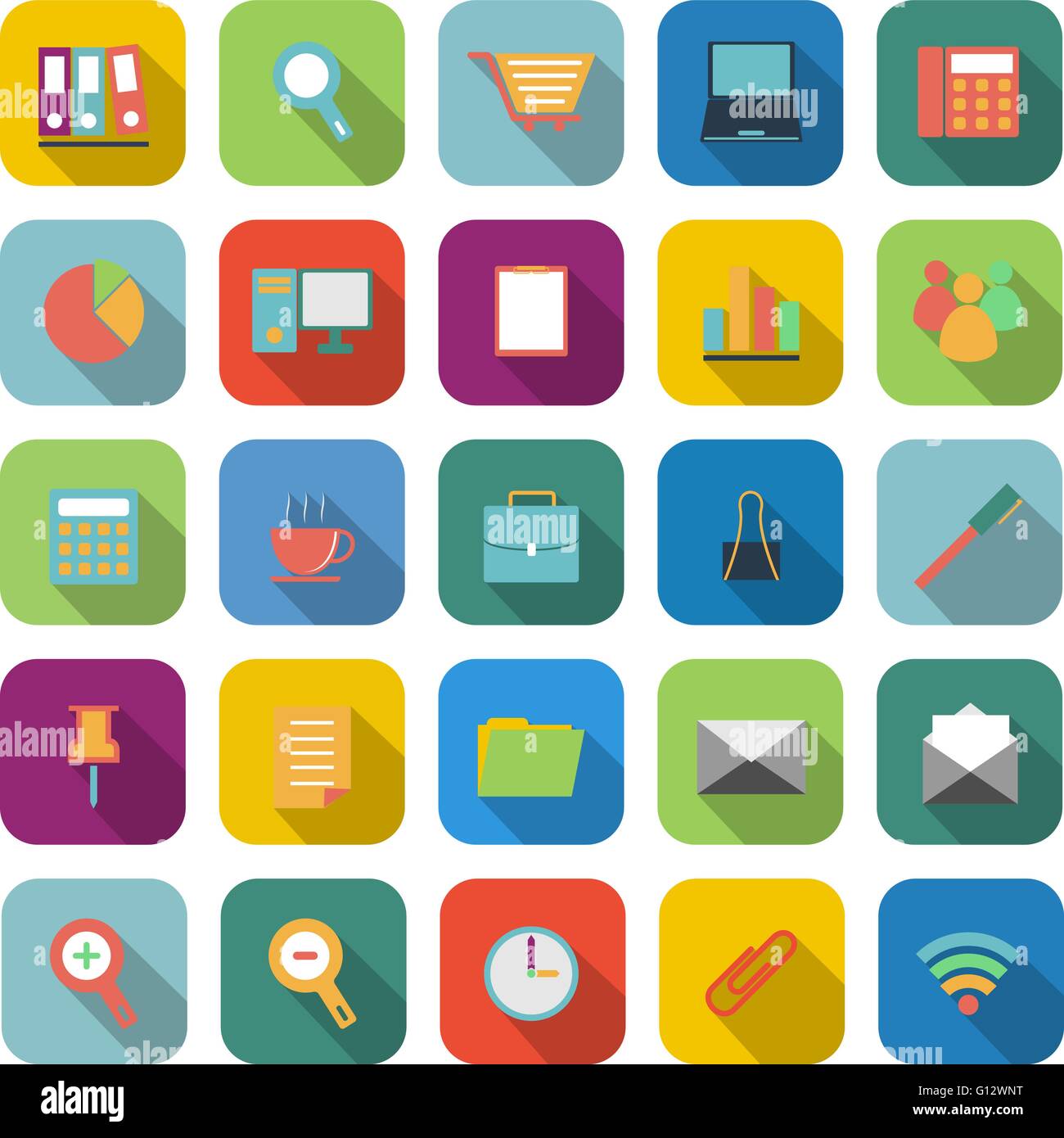 Office color icons with long shadow on white background Stock Vector ...