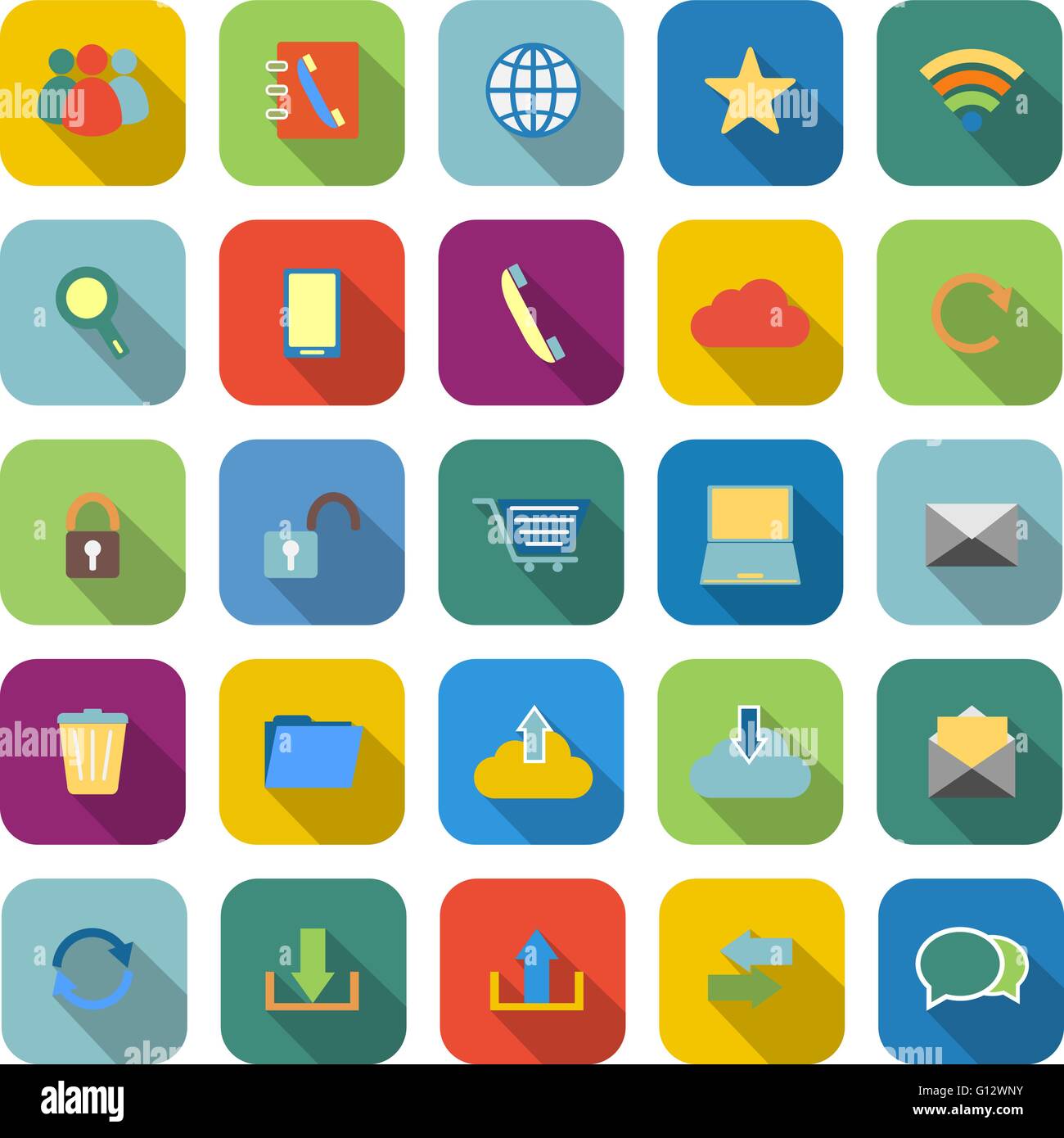 Communication color icons with long shadow on white background Stock ...