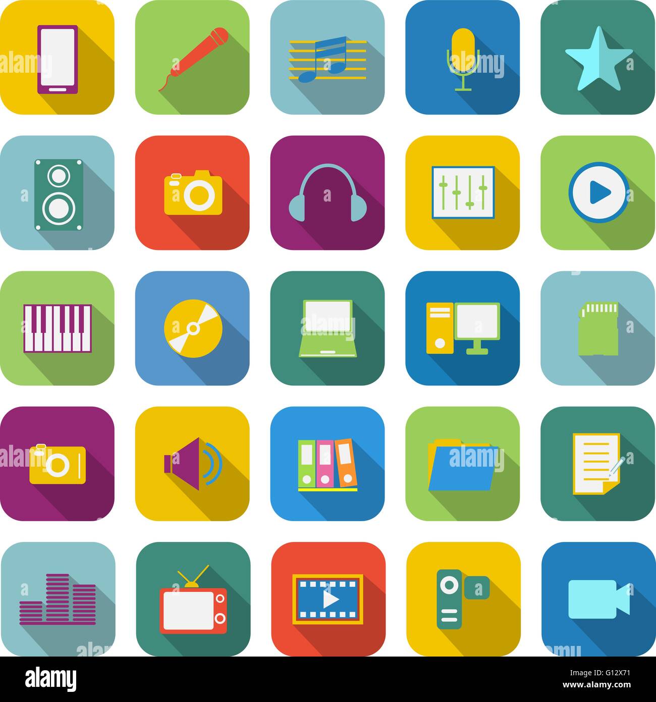 Media color icons with long shadow on white background Stock Vector ...