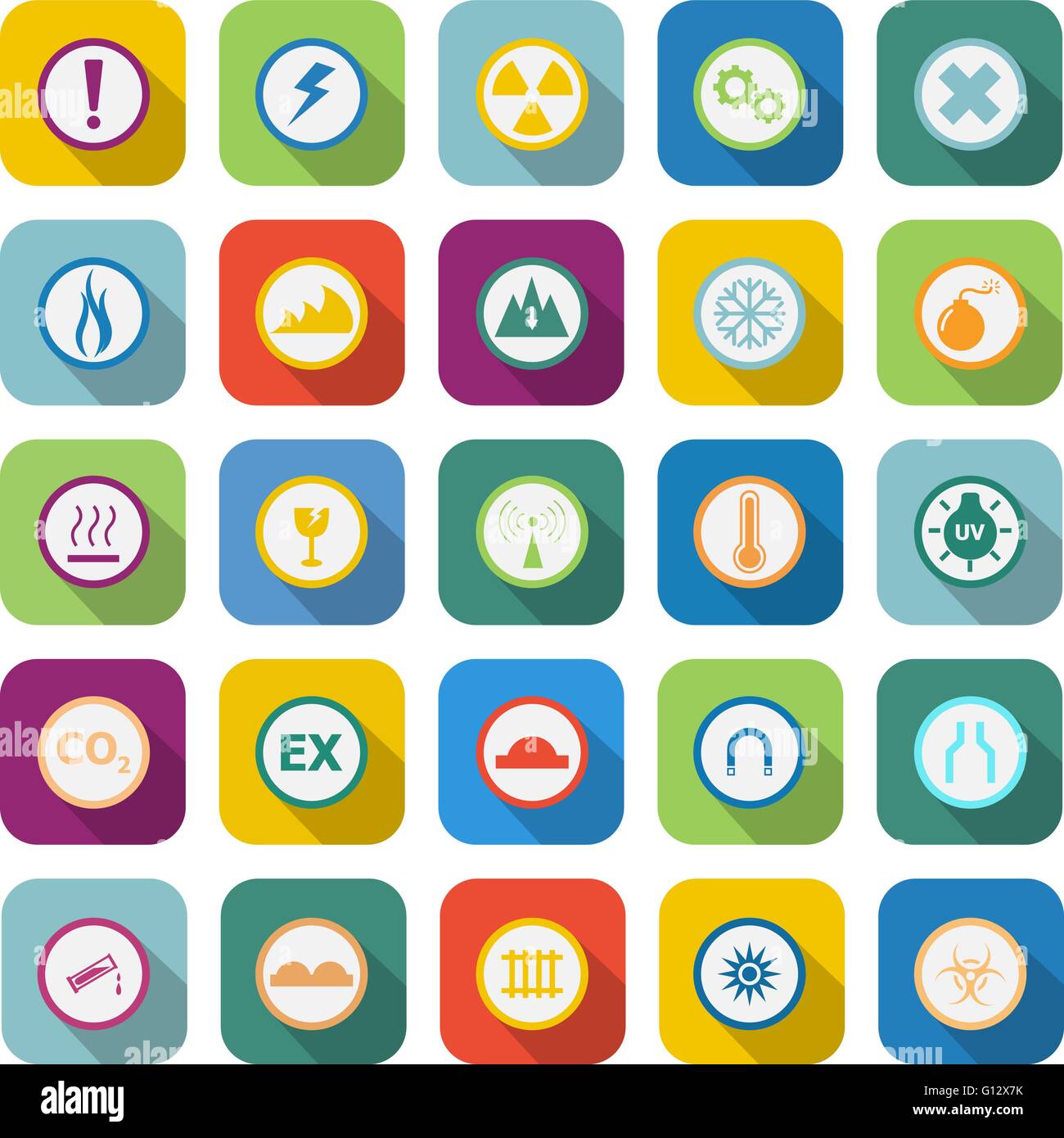 Warning sign color icons with long shadow on white background Stock ...