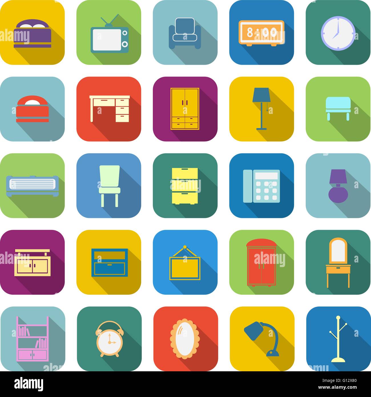 Bedroom color icons with long shadow on white background Stock Vector ...