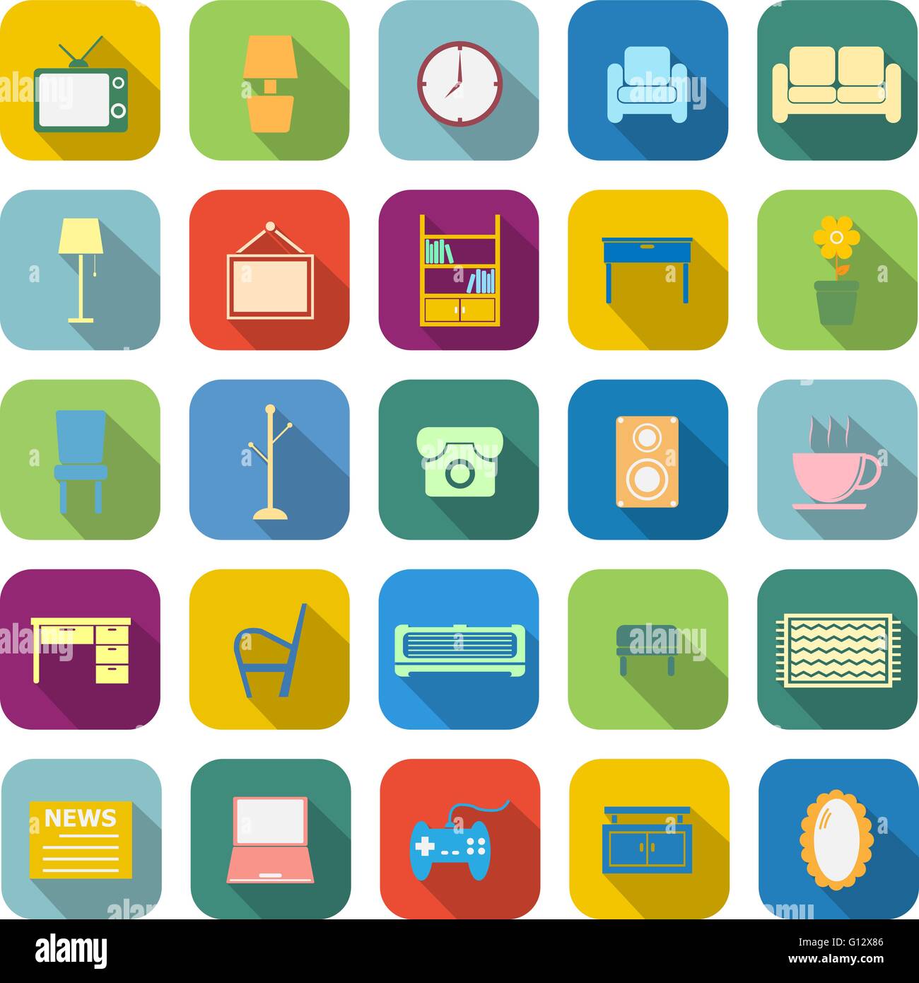 Living room color icons with long shadow on white background Stock ...