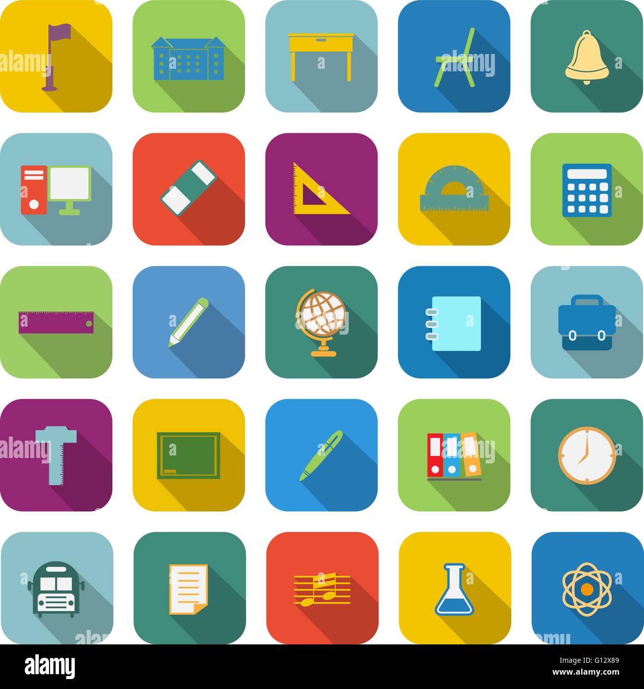 School color icons with long shadow on white background Stock Vector ...